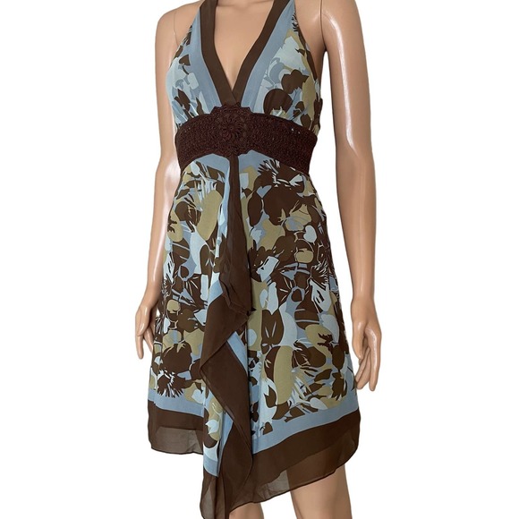 BCBGMaxAzria | Dresses | Bcbg Maxazria Brown Khaki Blue Floral 0 Silk Hand Kerchief Halter Dress ...